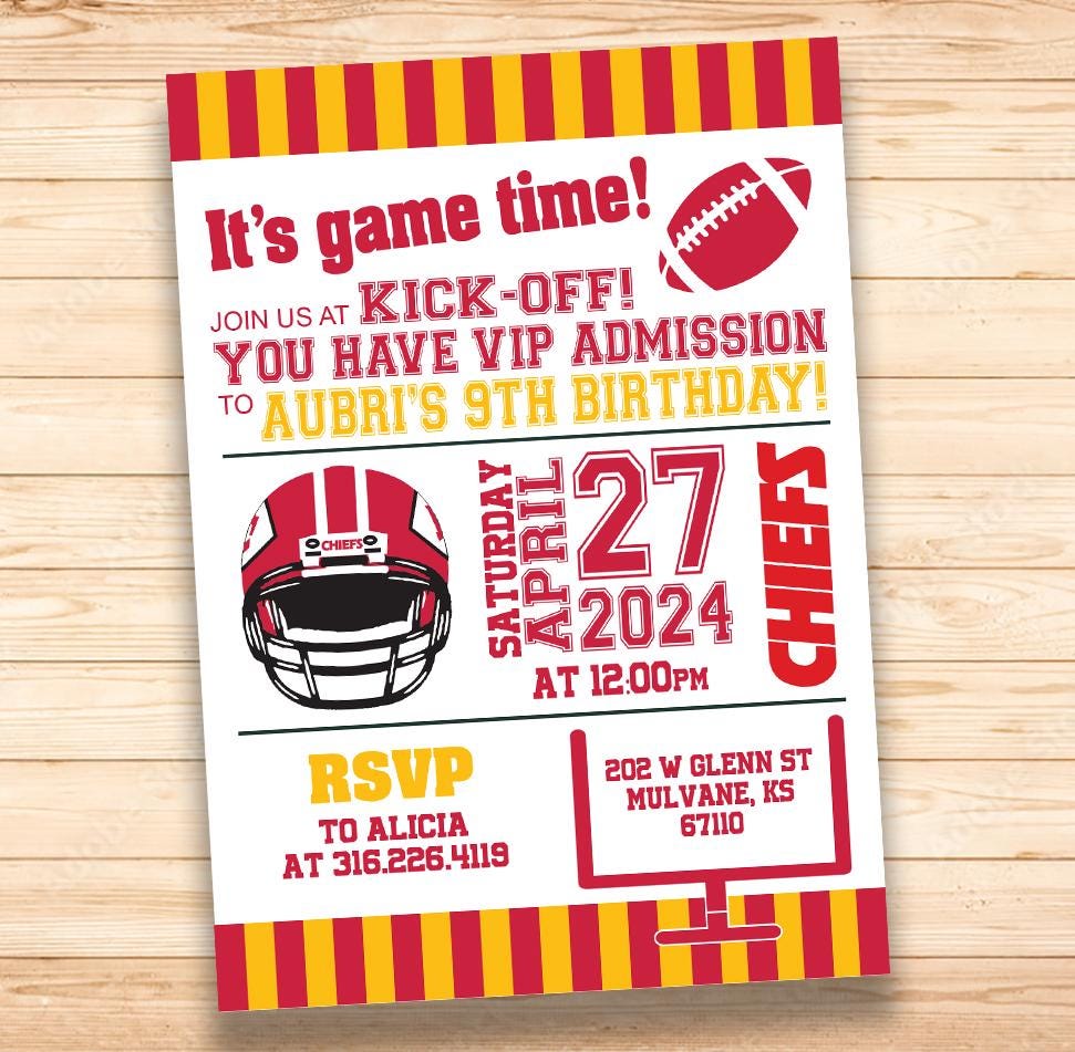Kansas City Chiefs Theme Birthday Party Invitation / Invite / Made to ...