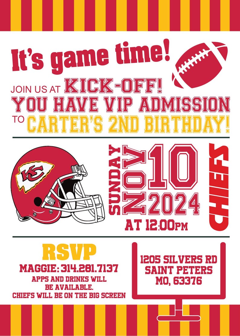 Kansas City Chiefs Theme Birthday Party Invitation / Invite / Made to ...