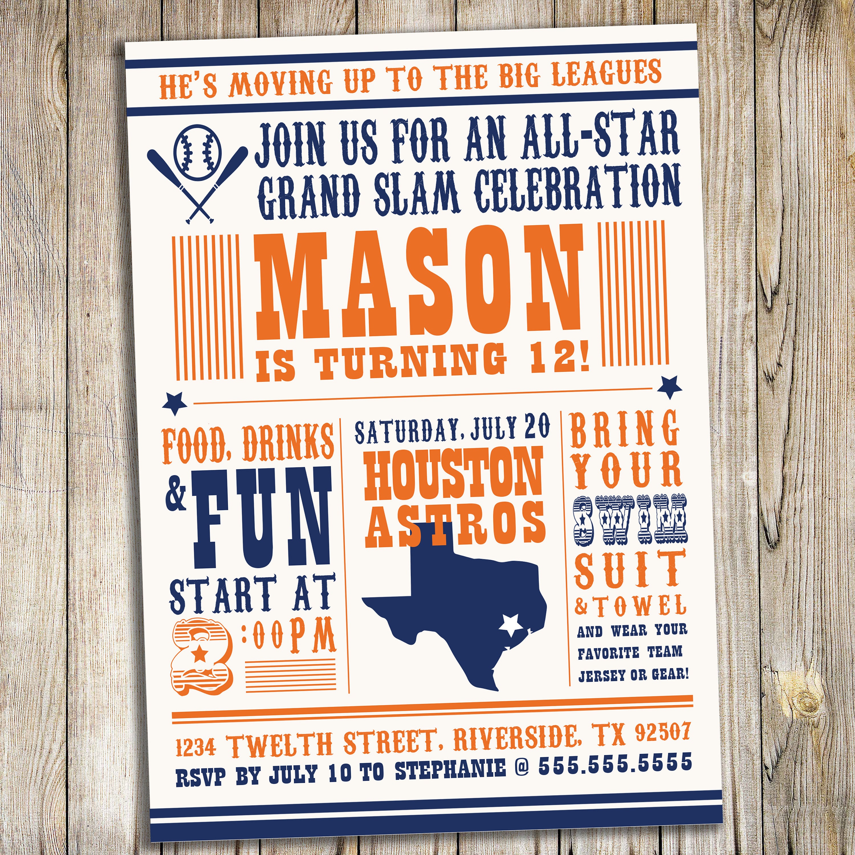 Houston Astros Baseball Birthday Party Invitation / Invite ...