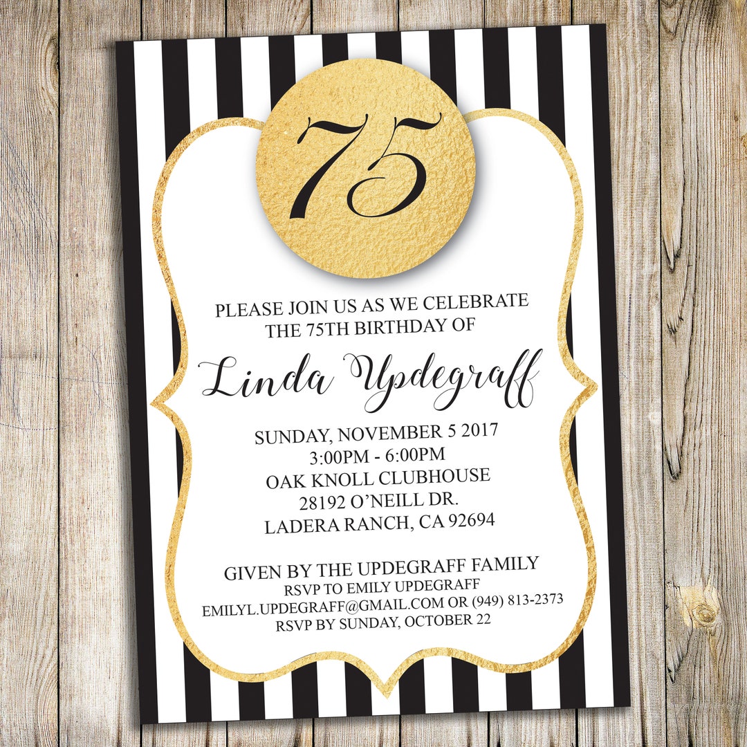 75th Birthday Invite / Black & Gold Roaring 20's Birthday Party ...
