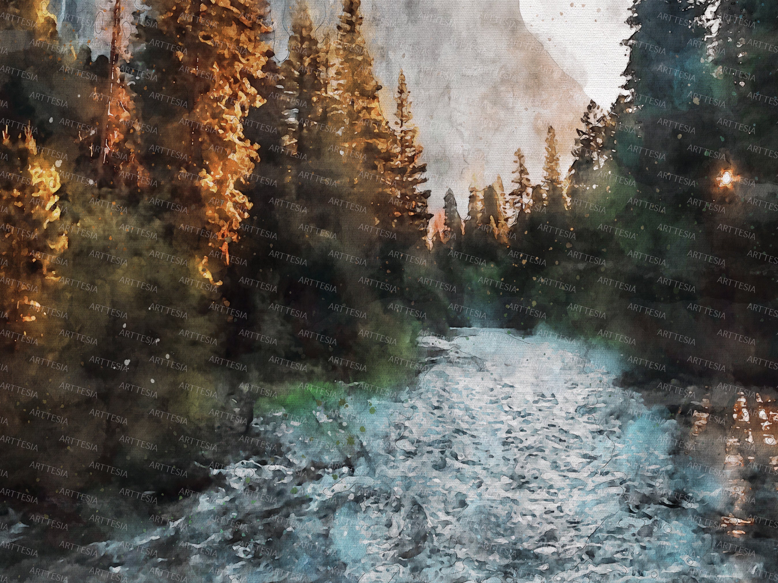 Forest River Woodland Digital Download Art Print Watercolor, Pine Trees ...