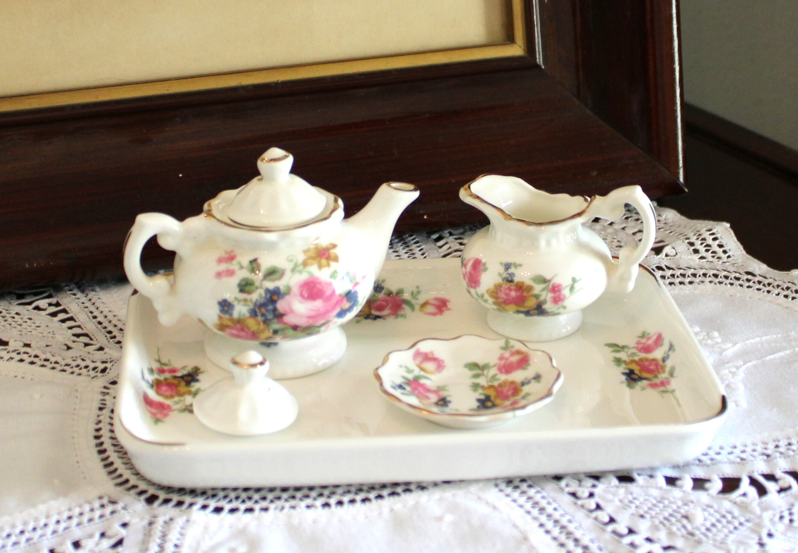 Newhall Staffordshire Bone China England Rose Bouquet Miniature Tea Set ...