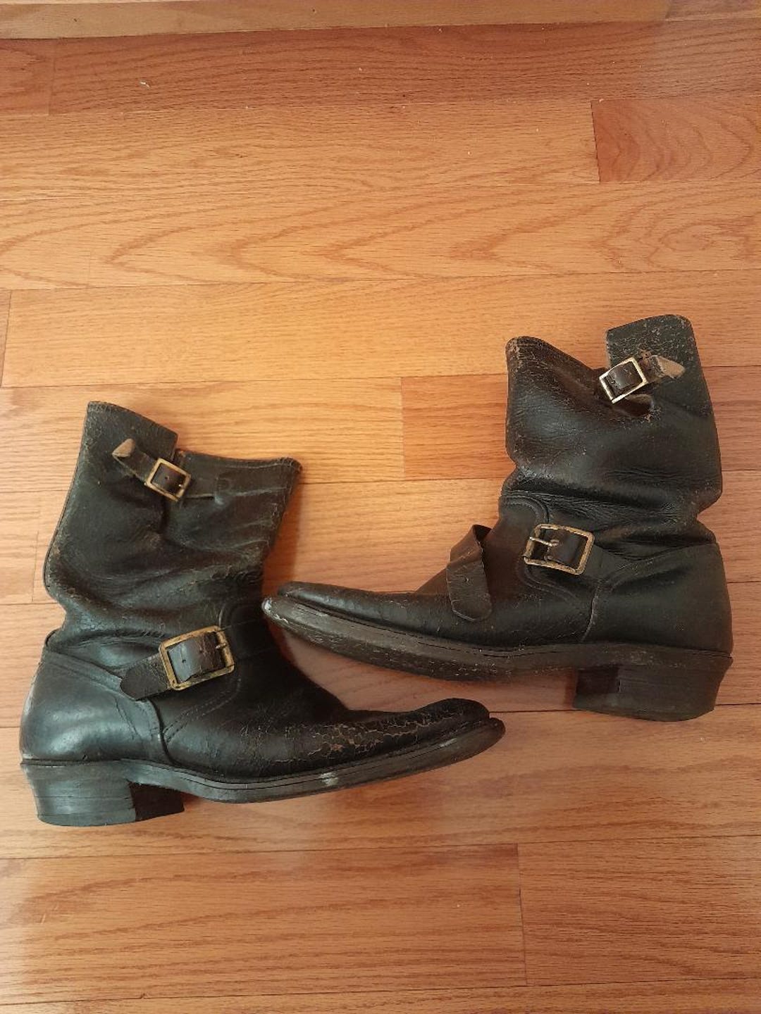 Vintage Leather Engineer Boots Black With Brass Buckles 1950s Size 10 ...
