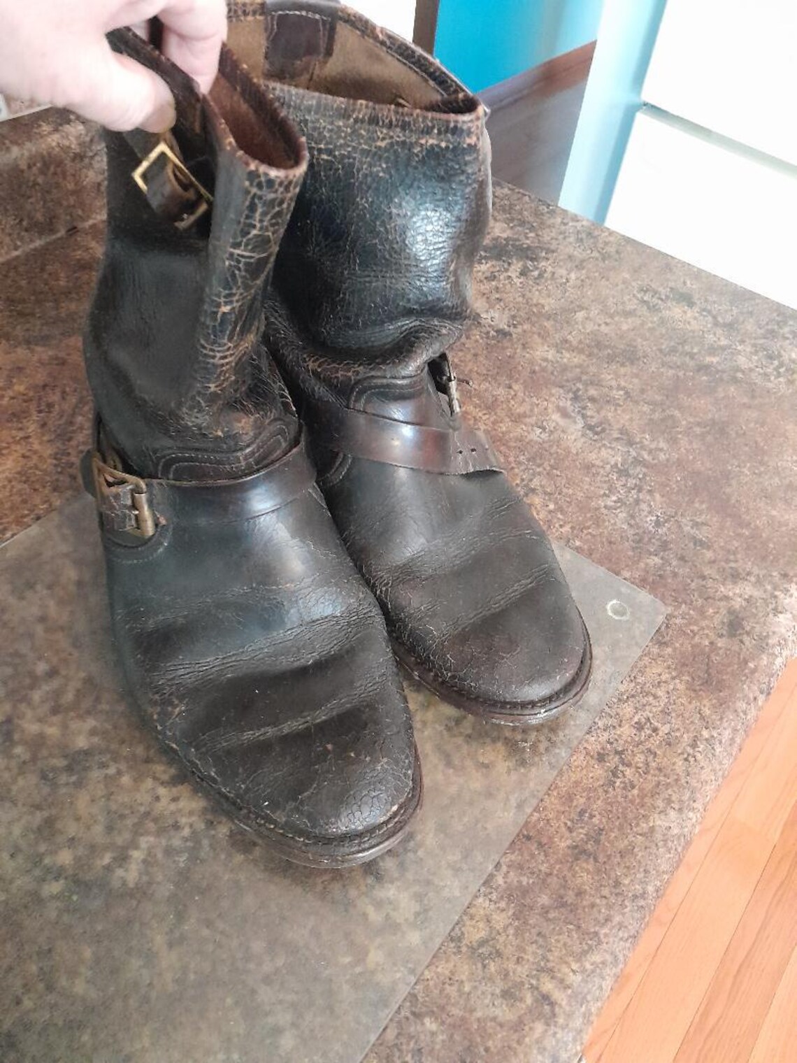 Vintage Leather Engineer Boots Black With Brass Buckles 1950s Size 10 ...