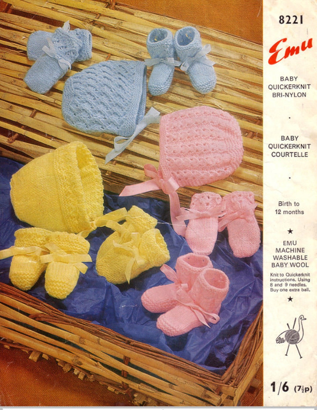 Vintage Knitting Pattern Emu 8221 Bonnets Bootees and Mittens - Etsy