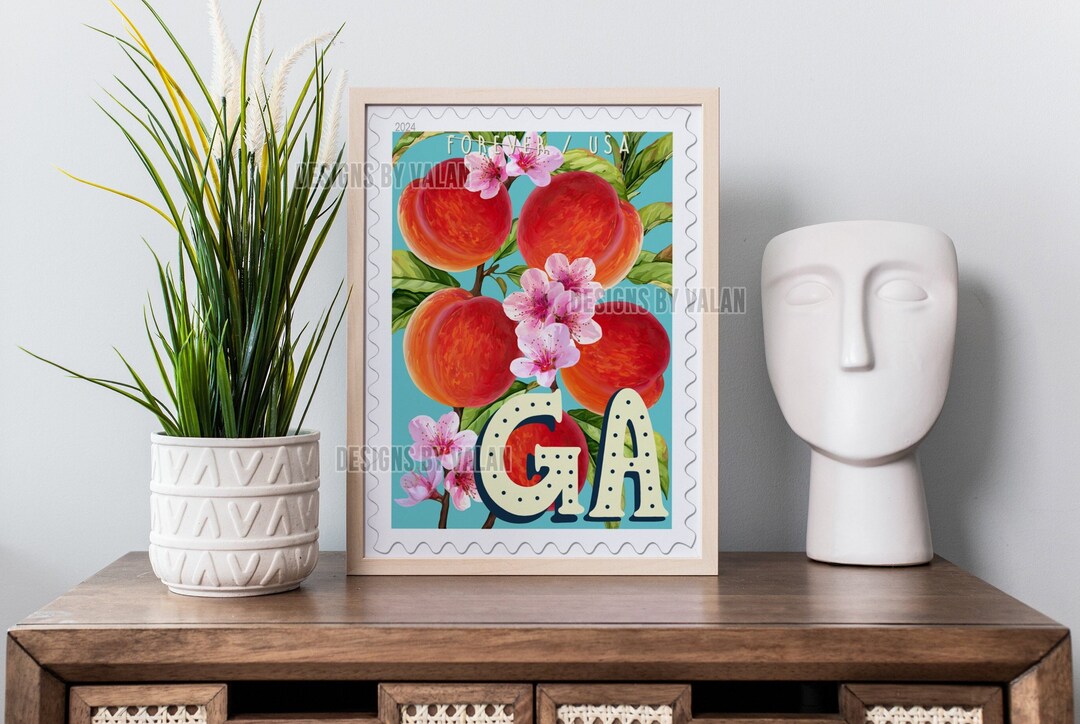 Georgia Stamp Inspired Art Print With Peaches and Peach Blossoms - Etsy