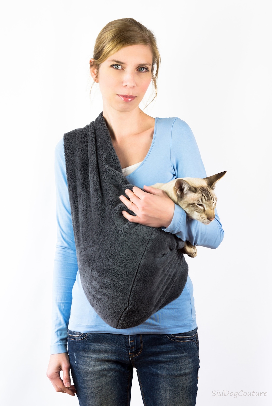 Cat Sling Minky Fleece Gray, Reversible Cat Carrier, Pet Sling for Cat ...