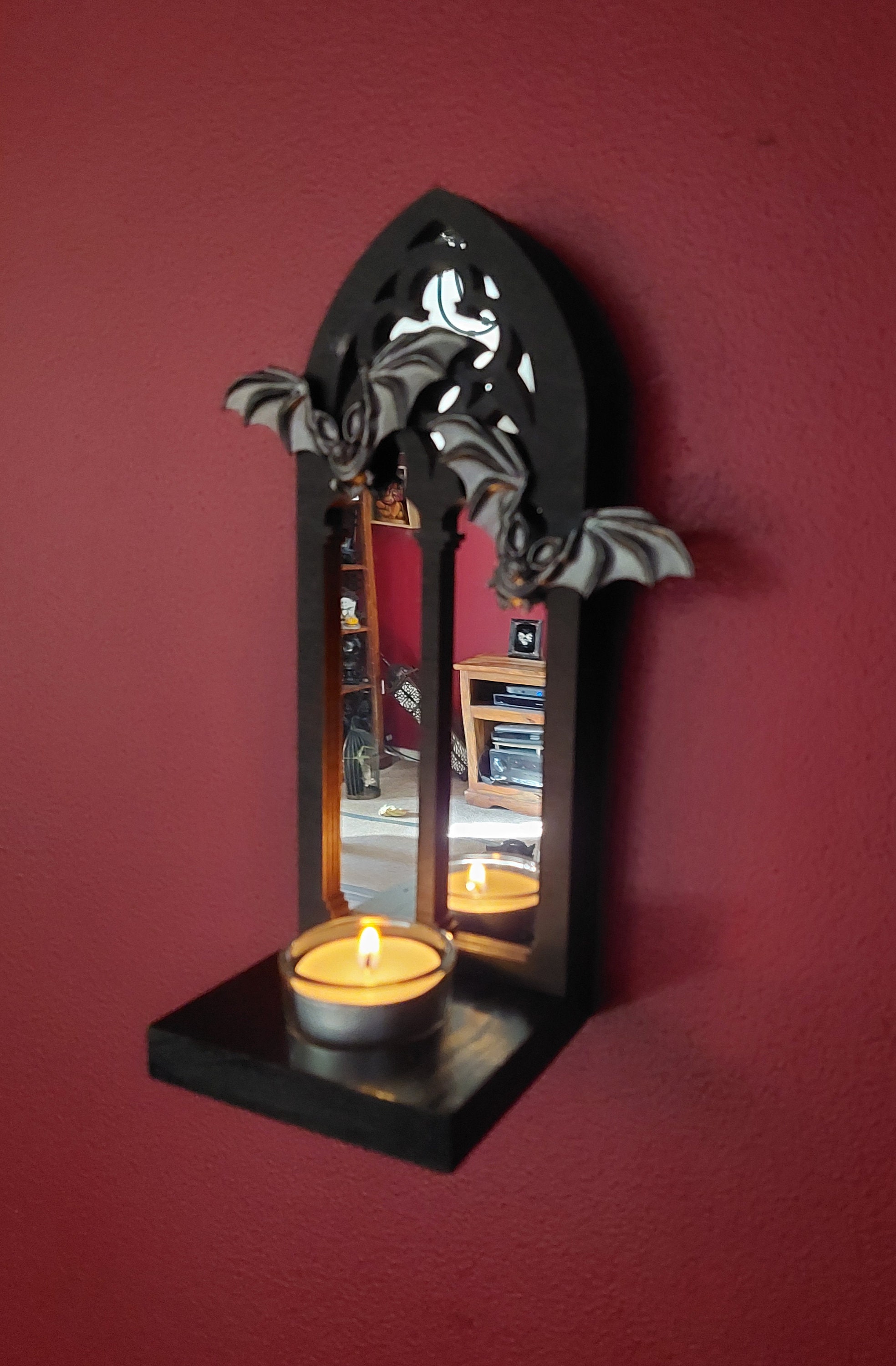 Unique Gothic Arch Window Mirror Vampire Bat Tealight Candle Holder ...
