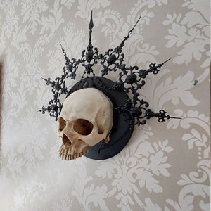 Gothic Wall Mounted Replica Human Skull With Halo Crown Tiara Headdress ...