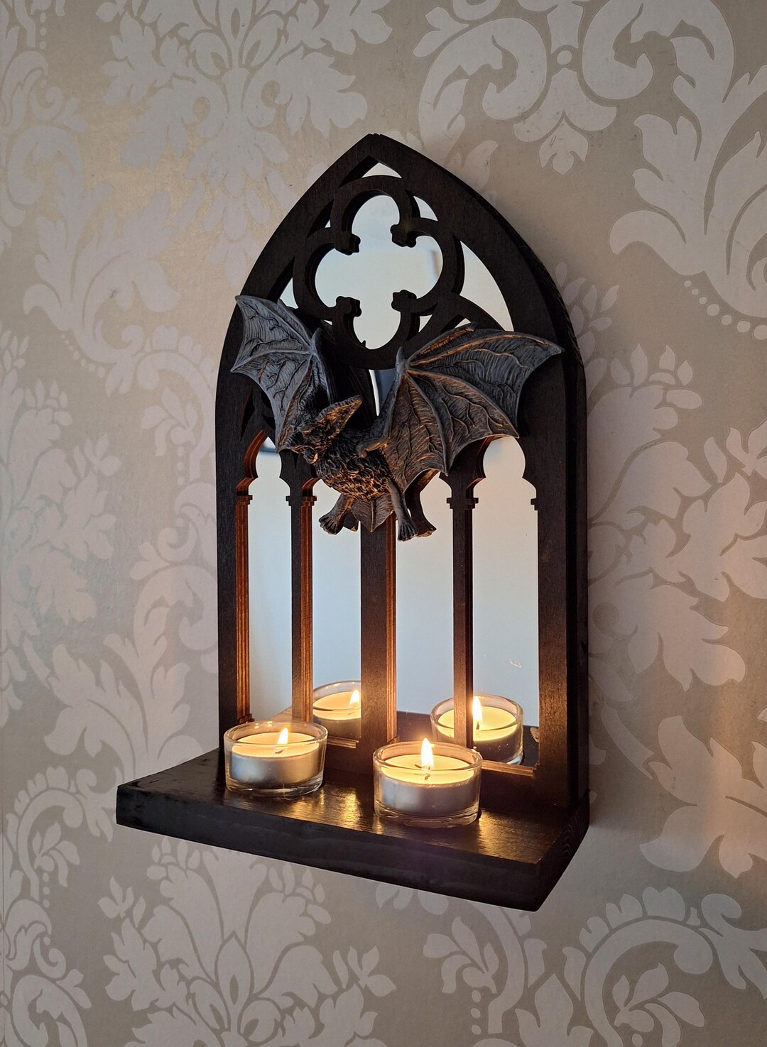 Unique Gothic Arch Window Mirror Vampire Bat Tealight Candle Holder ...