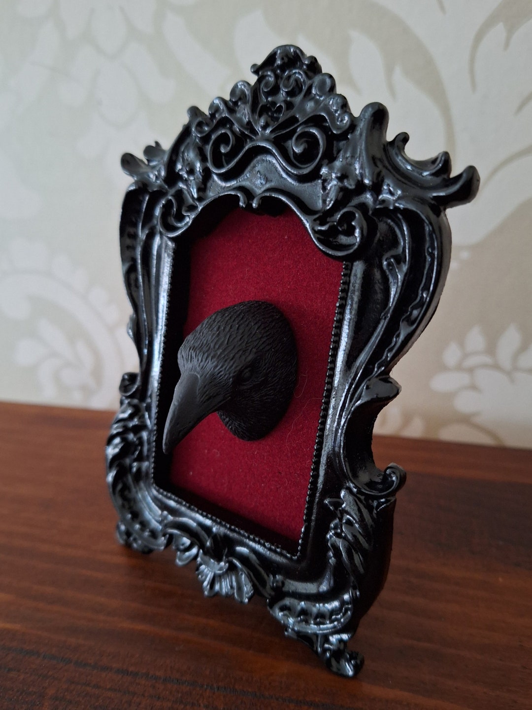 Gothic Miniature Faux Crow Raven Head in Baroque Oval Wall Frame ...