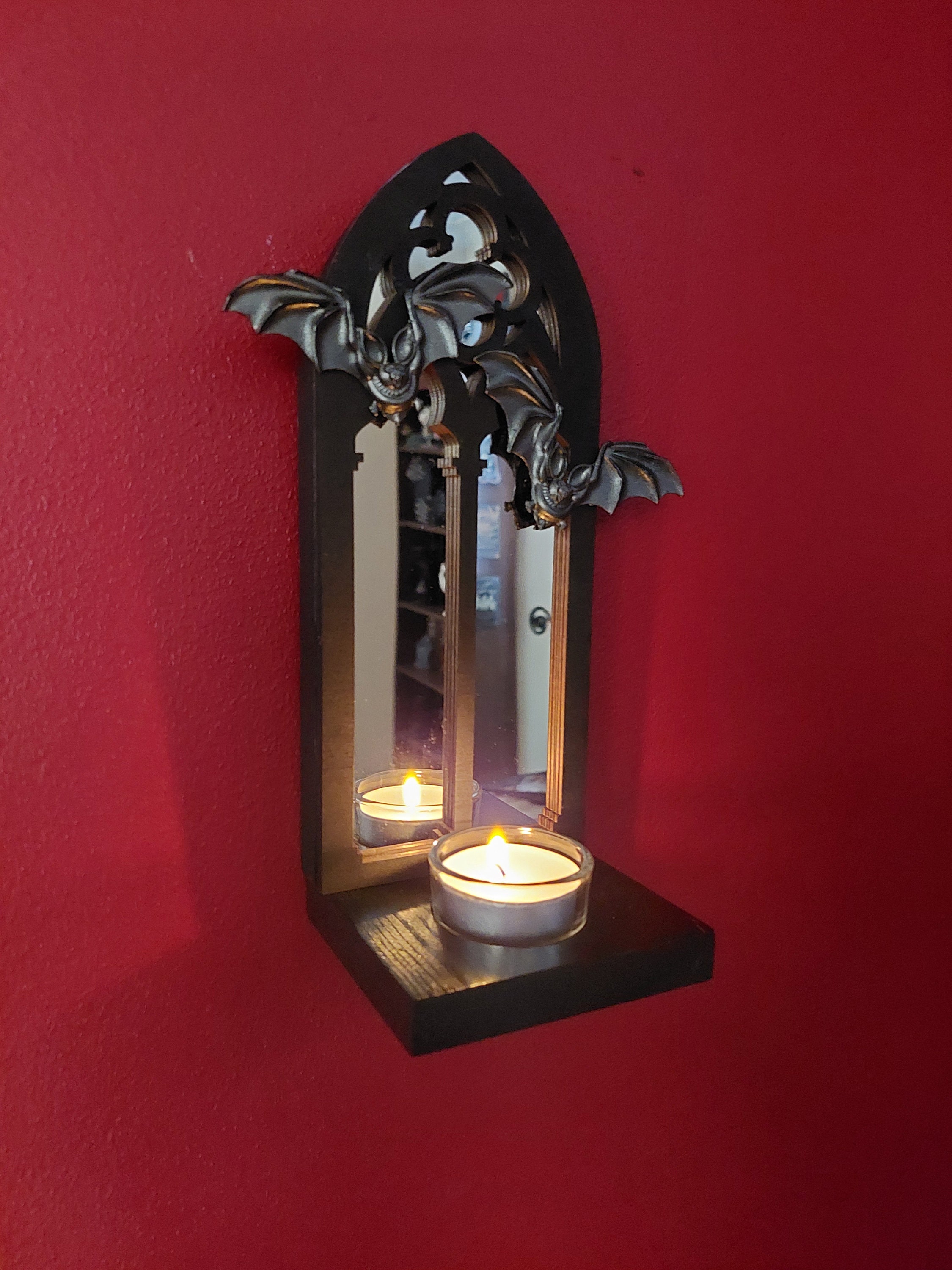 Unique Gothic Arch Window Mirror Vampire Bat Tealight Candle Holder ...
