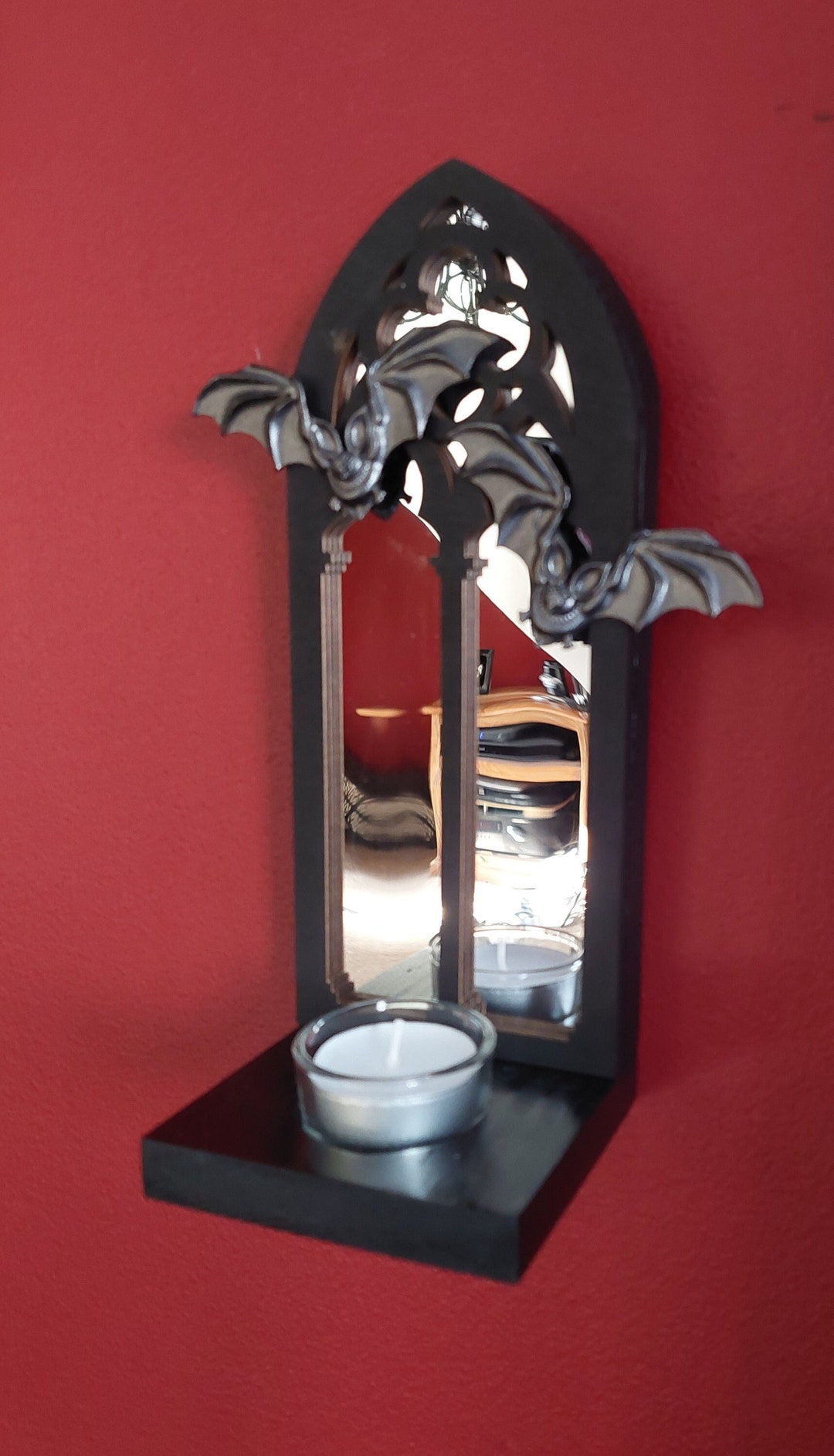 Unique Gothic Arch Window Mirror Vampire Bat Tealight Candle Holder ...