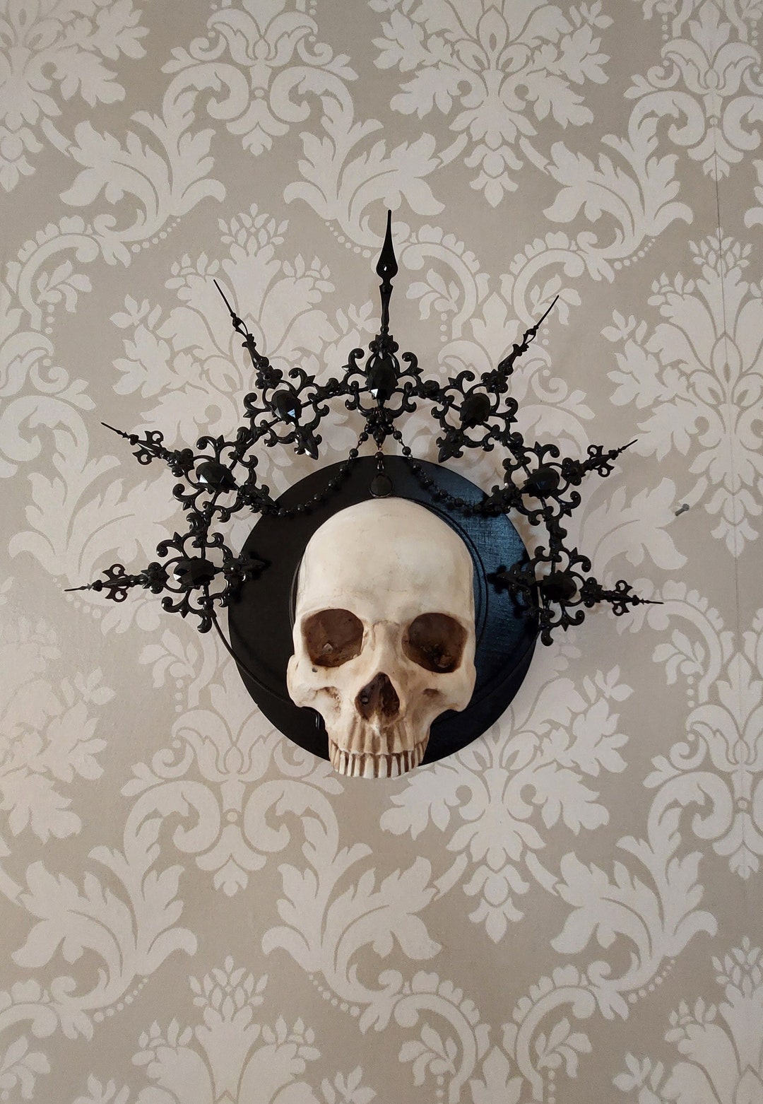 Gothic Wall Mounted Replica Human Skull With Halo Crown Tiara Headdress ...