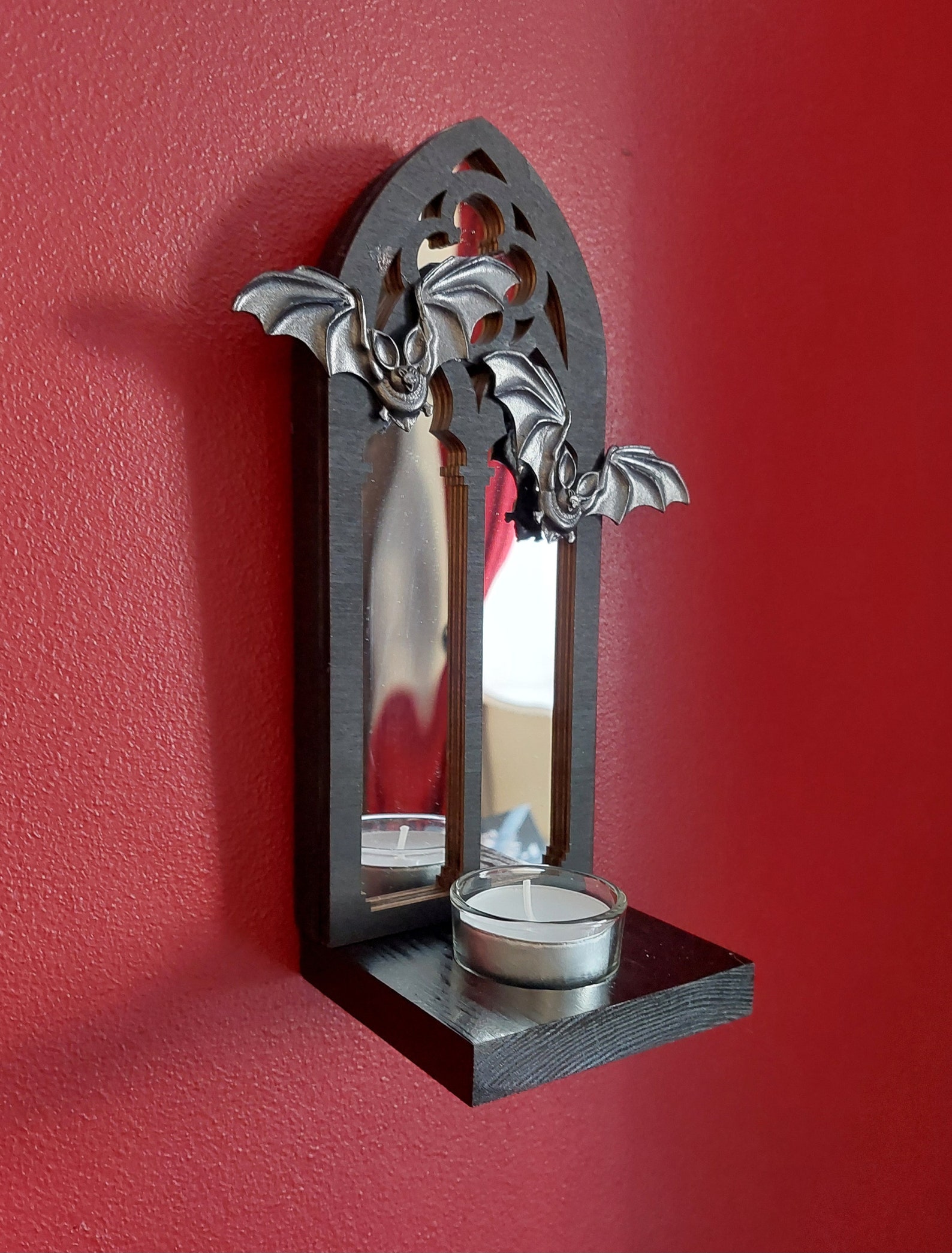 Unique Gothic Arch Window Mirror Vampire Bat Tealight Candle Holder ...