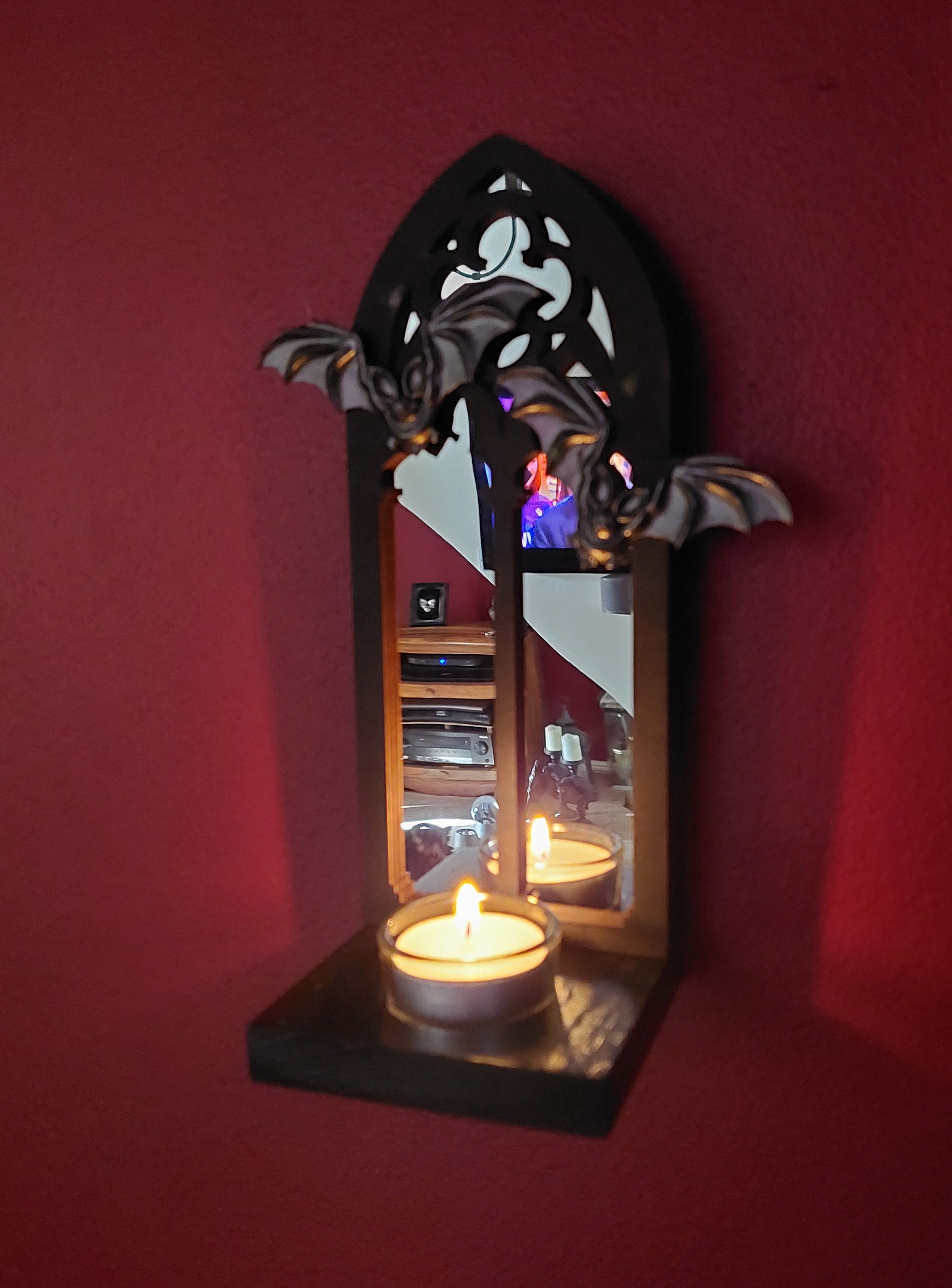 Unique Gothic Arch Window Mirror Vampire Bat Tealight Candle Holder ...