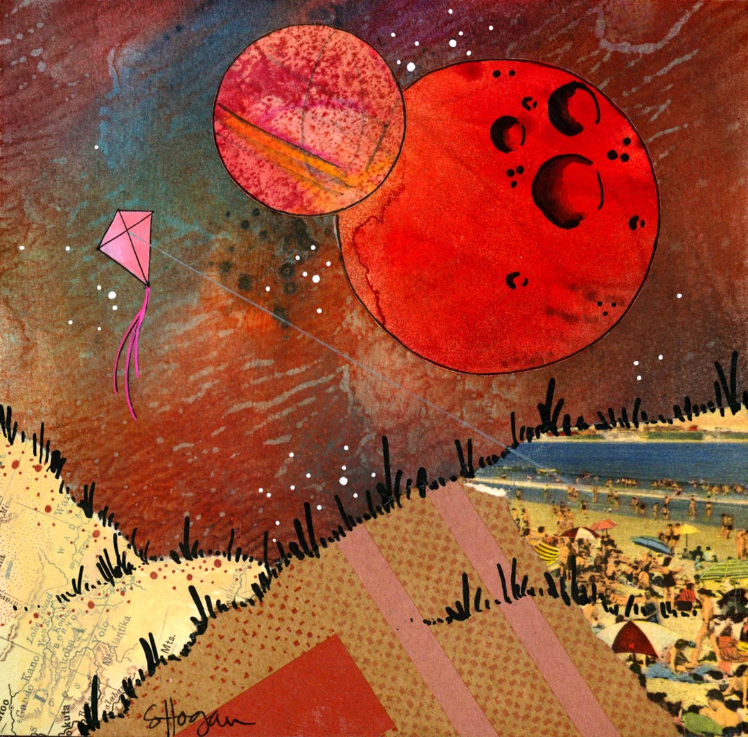 Sci-fi Beach Art Print: Pink Kite, Planets, Cosmic Landscape - Etsy
