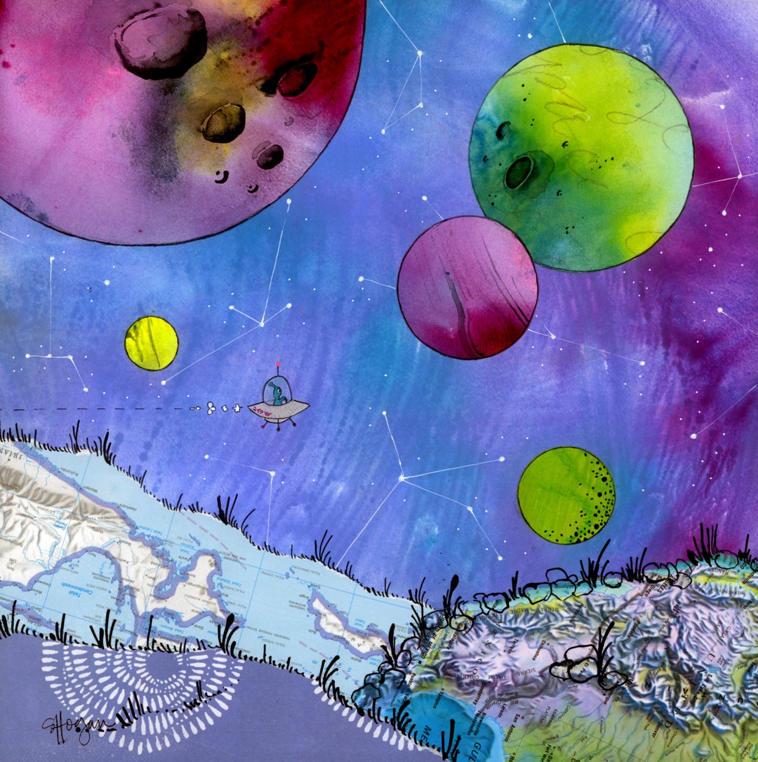 Whimsical Outer Space Landscape Art Print, Alien Flying Saucer, Cosmic ...
