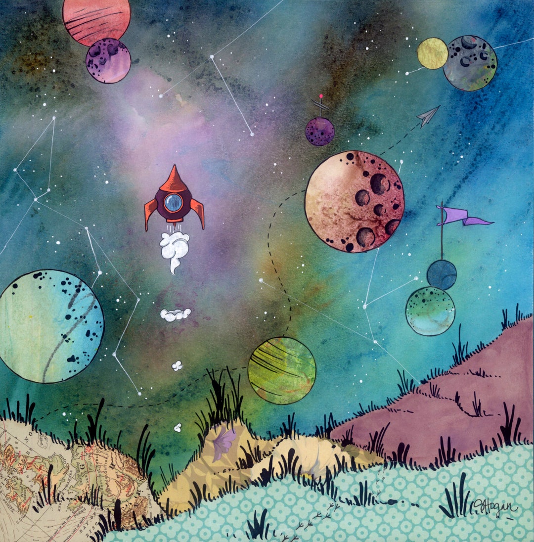 Whimsical Atmospheric Outer Space Landscape Art Print, Vintage Rocket ...