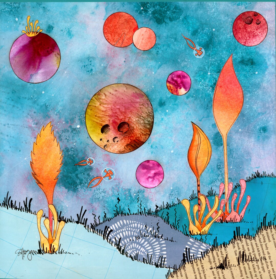 Whimsical Outer Space and Under Sea Art Print, Koi Pond Goldfish ...