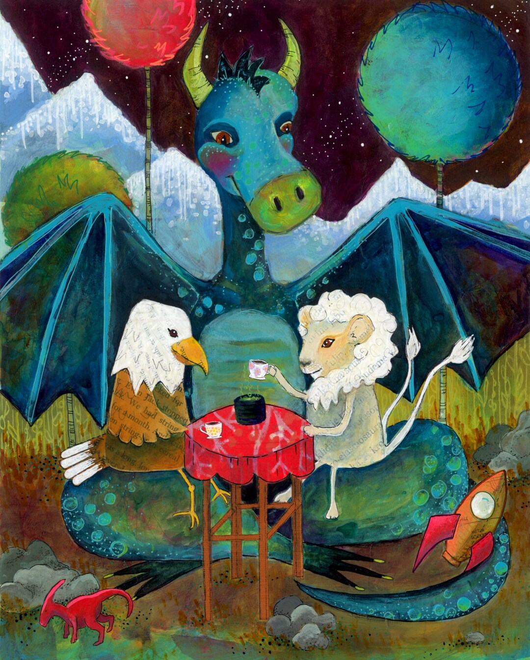 Happy Dragon With Friends, Eagle, Lion, Limited Edition Fine Art Print ...