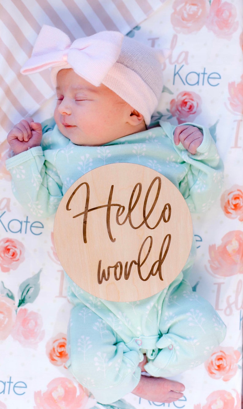 Baby Announcement Wooden Sign Hello World Wooden Round - Etsy