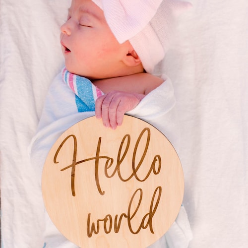 Baby Announcement Wooden Sign Hello World Wooden Round - Etsy