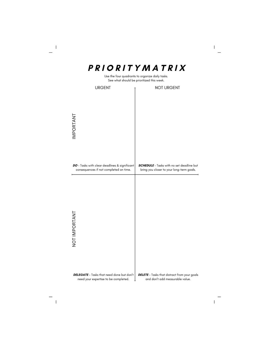 Priority Matrix Printable, Eisenhower Matrix, Half Letter, ADHD Support ...