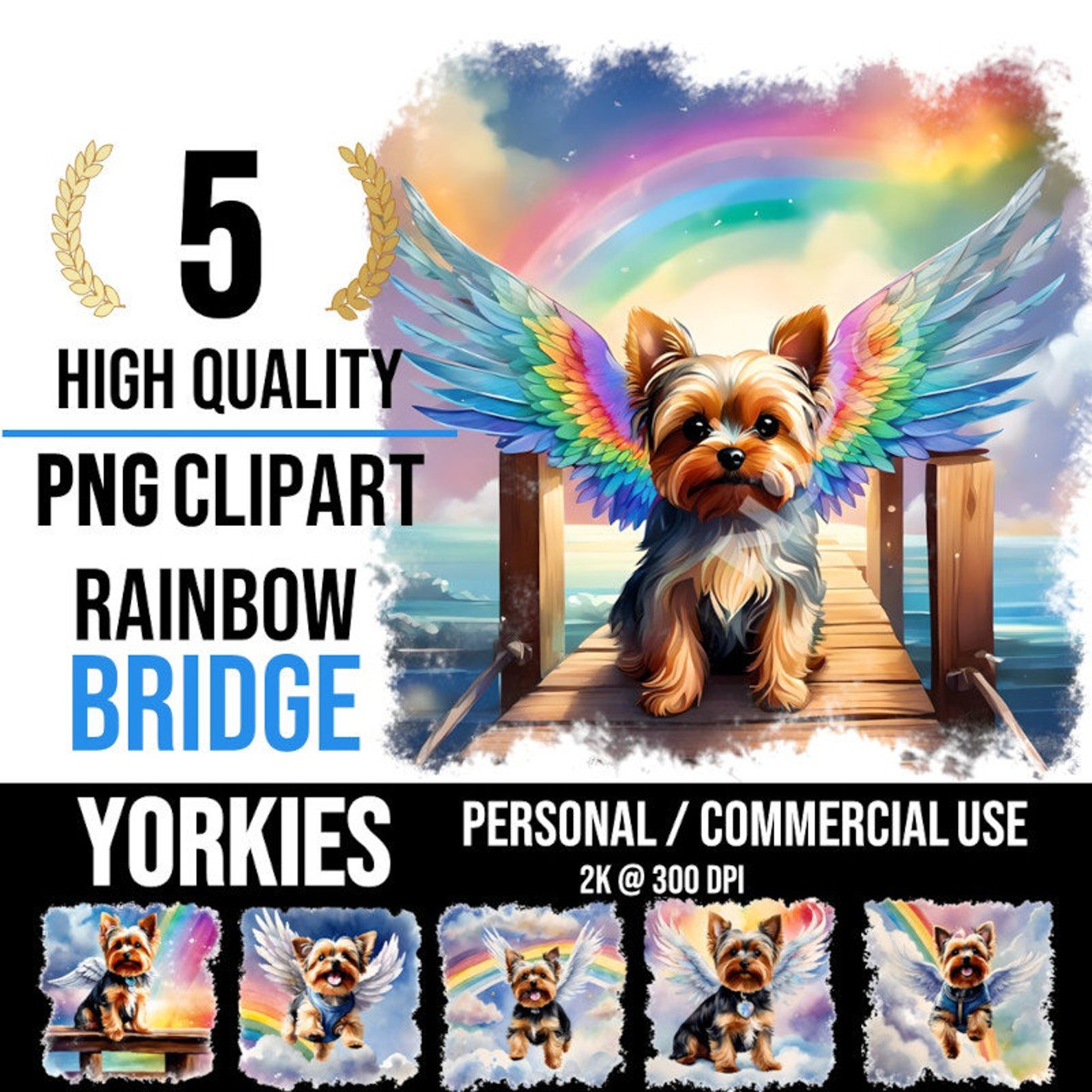 Rainbow Bridge Dog Yorkie Angels, Digital AI Clipart, Yorkie Memorial ...