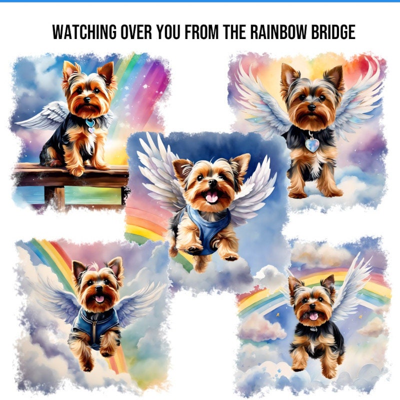 Rainbow Bridge Dog Yorkie Angels, Digital AI Clipart, Yorkie Memorial ...