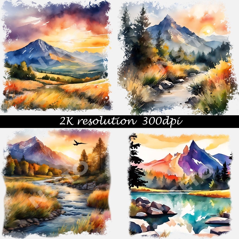 30 Watercolor Mountain Landscape Clipart, Digital PNG Graphics ...