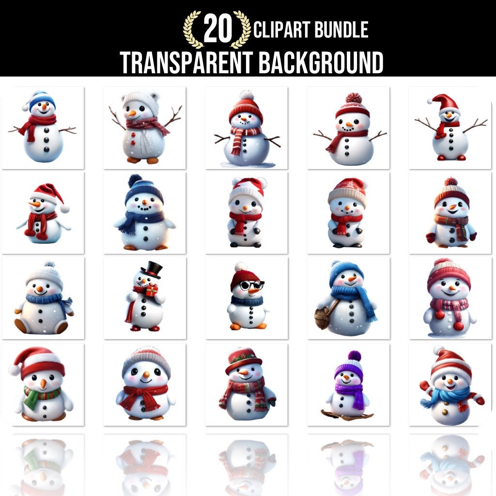 Chibi Snowman Clip Art, With Transparent Background. Bundle of 20 PNG ...
