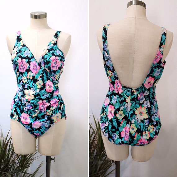 Classic 90's Style Black Floral Miraclesuit Size 16 | Etsy