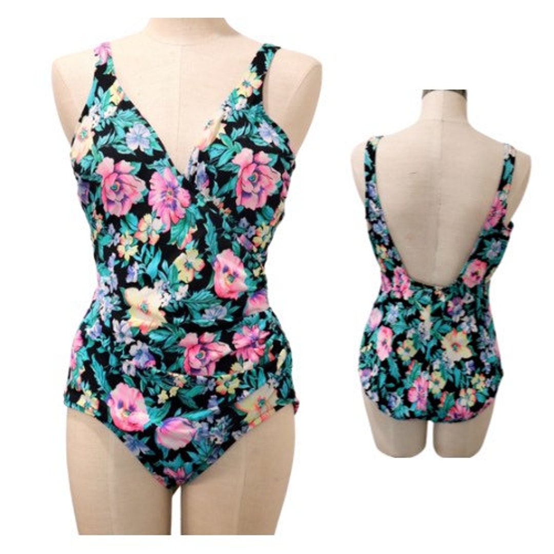Classic 90's Style Black Floral Miraclesuit Size 16 Slimming One Piece ...