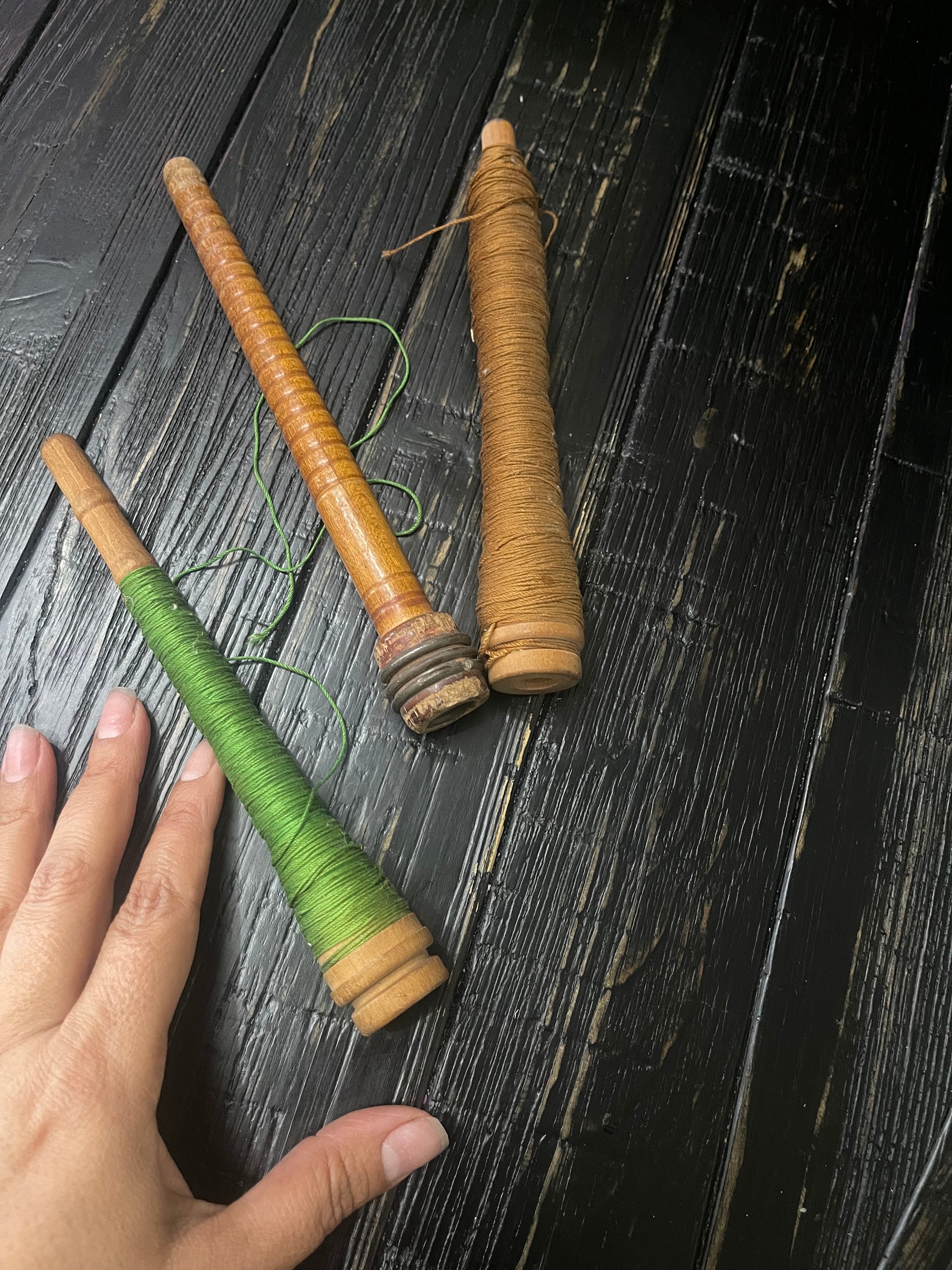 Antique Wood Turned Bobbin Spindles With Green and Beige Ribbon Set of ...