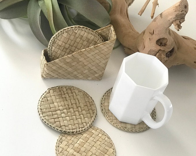 Buri Palm Leaf Coasters Set & Holder | Boho Chic Woven Coaster Set ...
