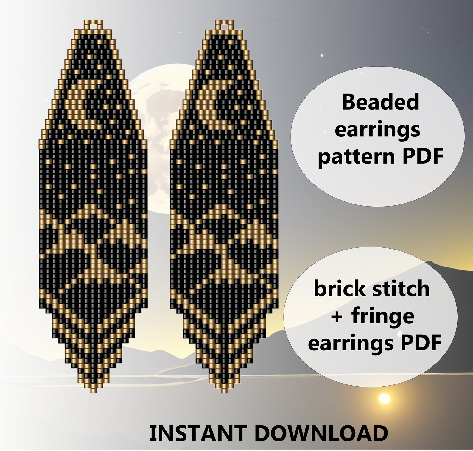 PDF Pattern Long Earrings "golden Moon" Black and Gold Stitch Pattern ...