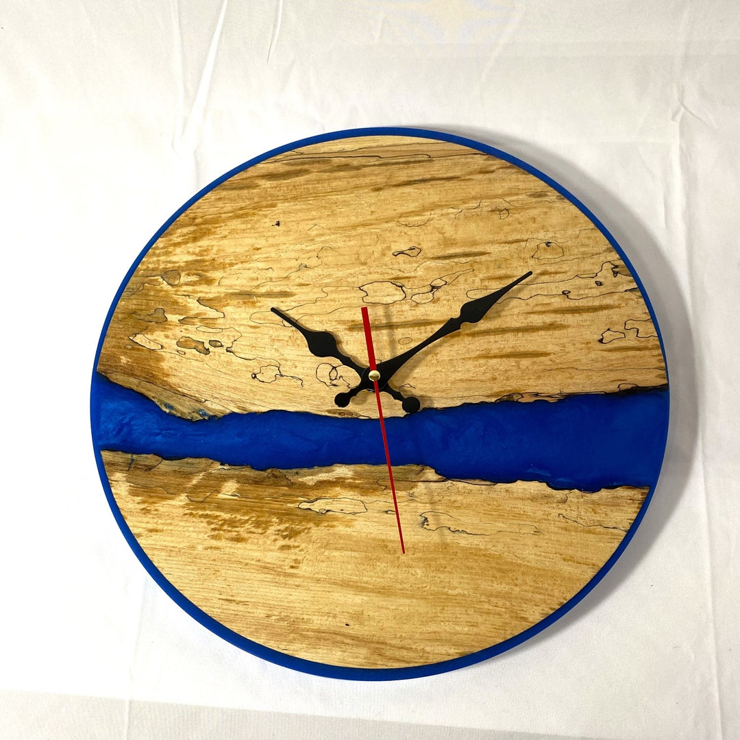 Handmade Spalted Ash and Iridescent Blue Epoxy Clock SILENT Movement ...