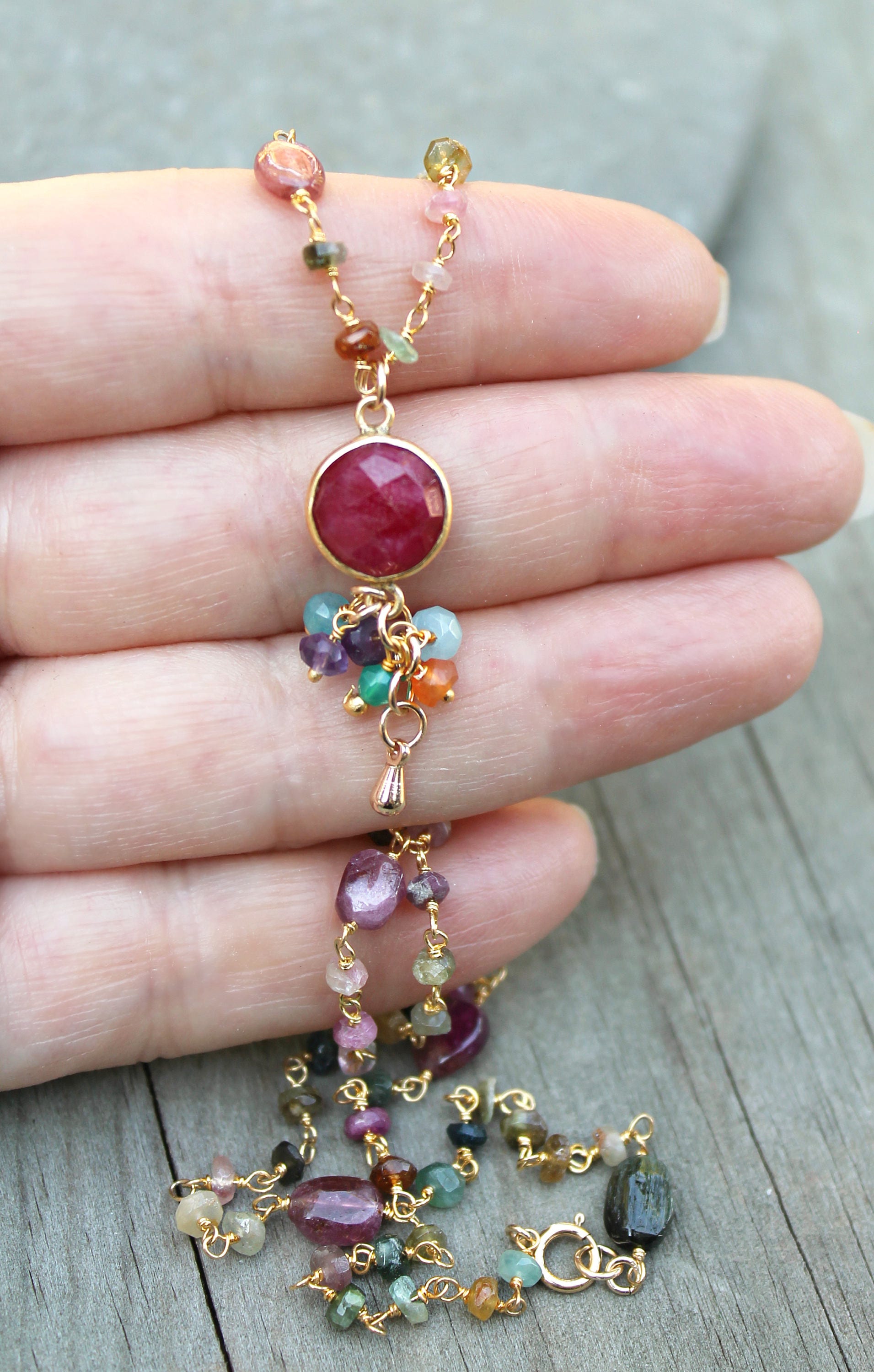 Gemstone Necklace, Dyed Ruby & Multi Tourmaline Beaded Rosary Chain, Red, Green, Purple, Multi ...