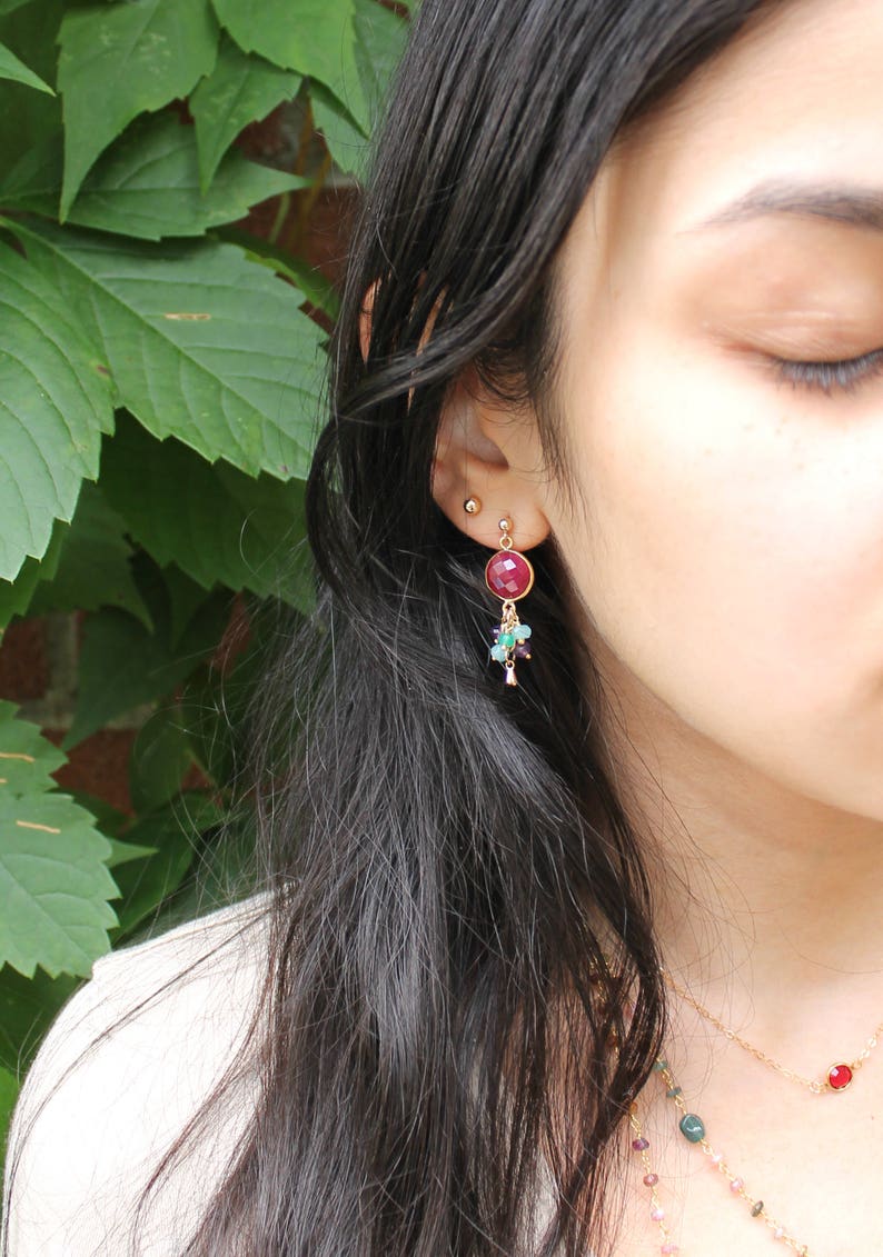 Long dyed Ruby earrings Multi gemstone bead cluster | Etsy