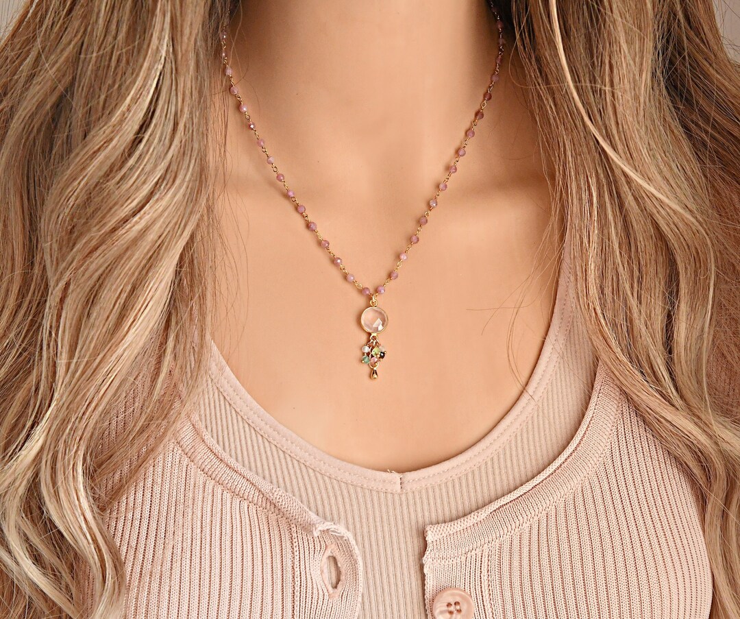 Rose Quartz Gemstone Necklace, Gold Vermeil, Strawberry Pink Tourmaline ...