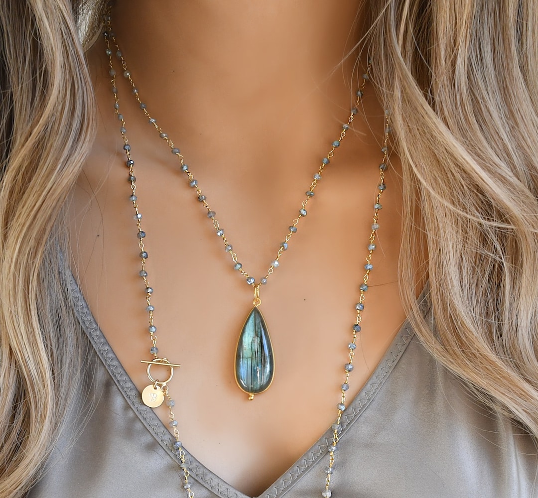 Labradorite Necklace, Large Gemstone Teardrop Pendant, Gold Vermeil ...