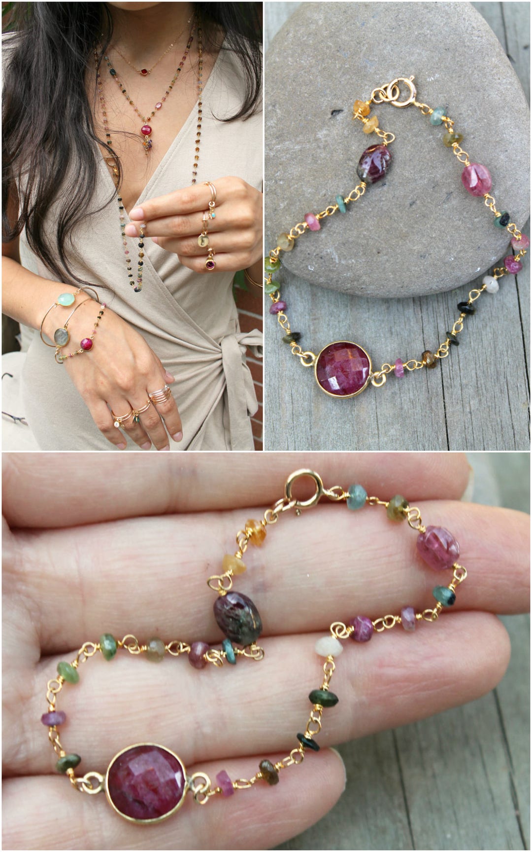 Gemstone Bracelet, Dyed Ruby & Multi Color Tourmaline Beaded Rosary ...