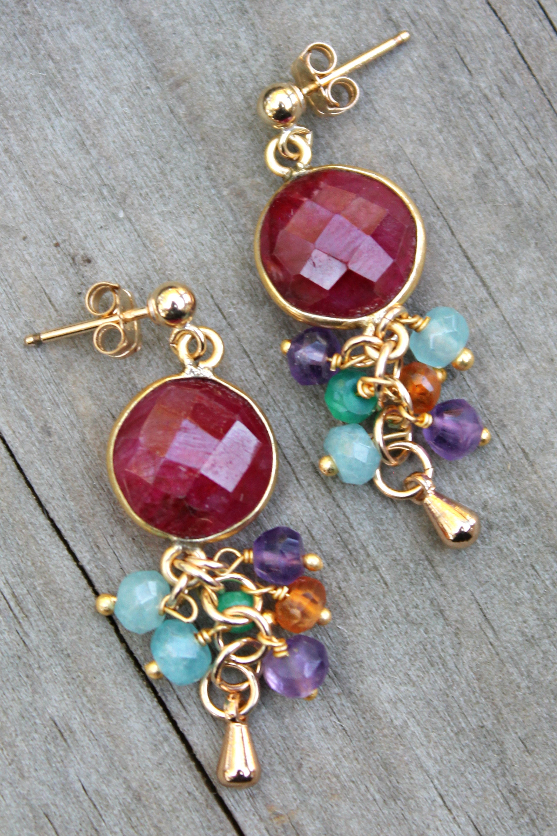 Gemstone Earrings Dyed Ruby & Multi Gemstone Bead Cluster | Etsy