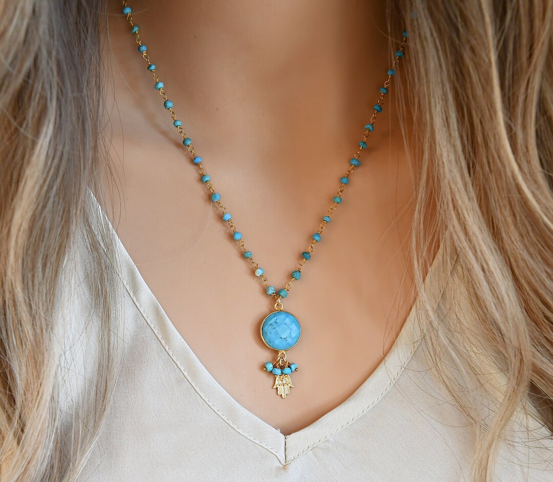 Turquoise Necklace, Gold Hamsa, Genuine Turquoise Round Pendant, Beaded Blue Gemstone Rosary ...