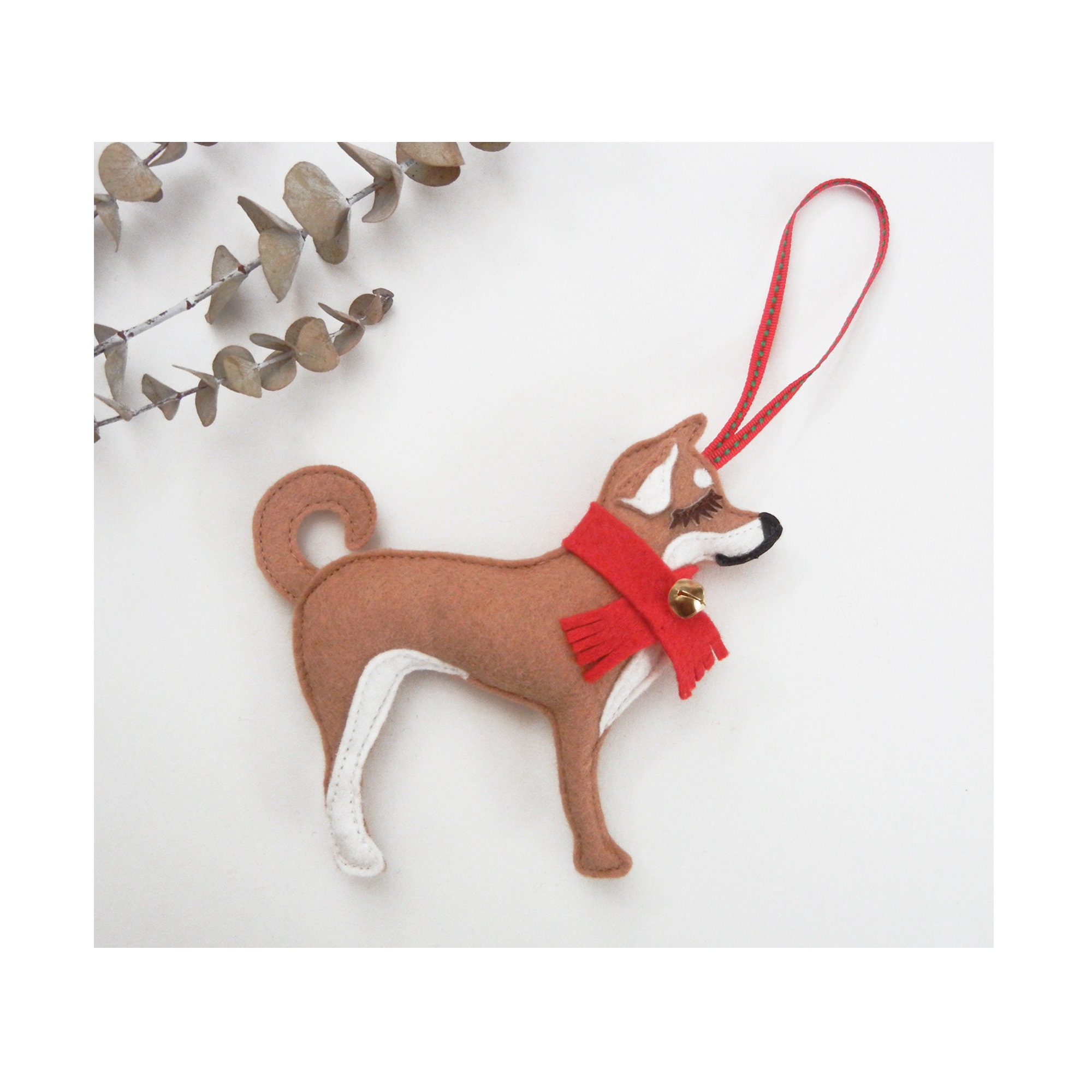 Wool Felt Shiba Inu Black Tan Sesame Dog Red Scarf Jingle | Etsy