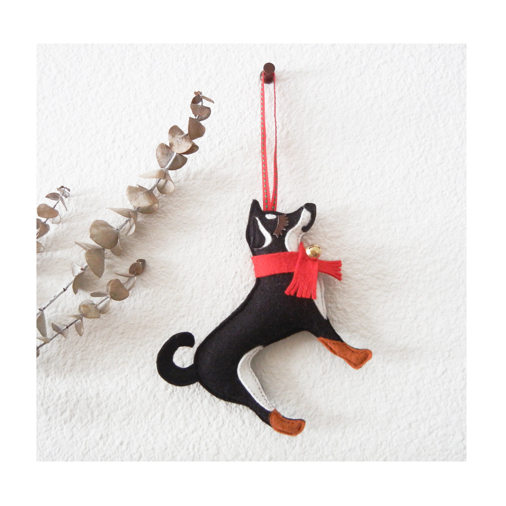 Wool Felt Shiba Inu Black Tan Sesame Dog Red Scarf Jingle | Etsy