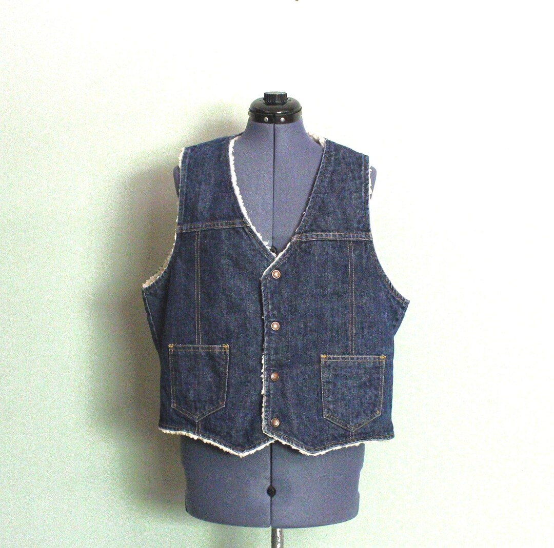 1960's Indigo Blue Cotton Denim Sherpa Lined Vintage Men's Cowboy Vest ...