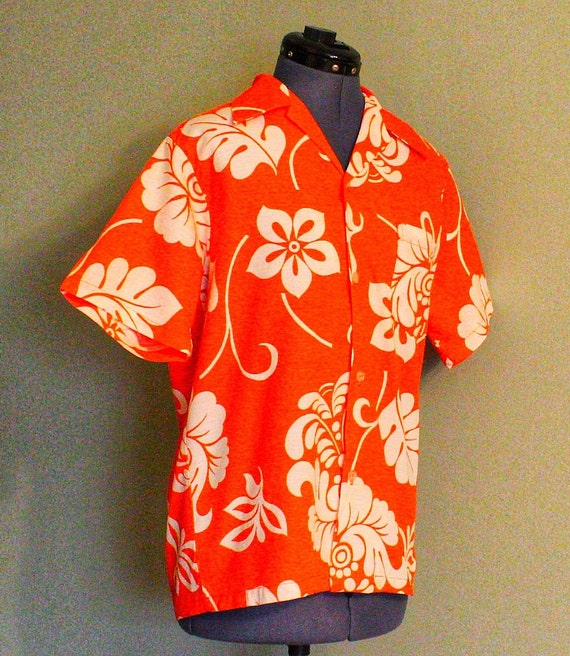1960's-70's 100% Cotton Bark Cloth Orange & White Flo… - Gem