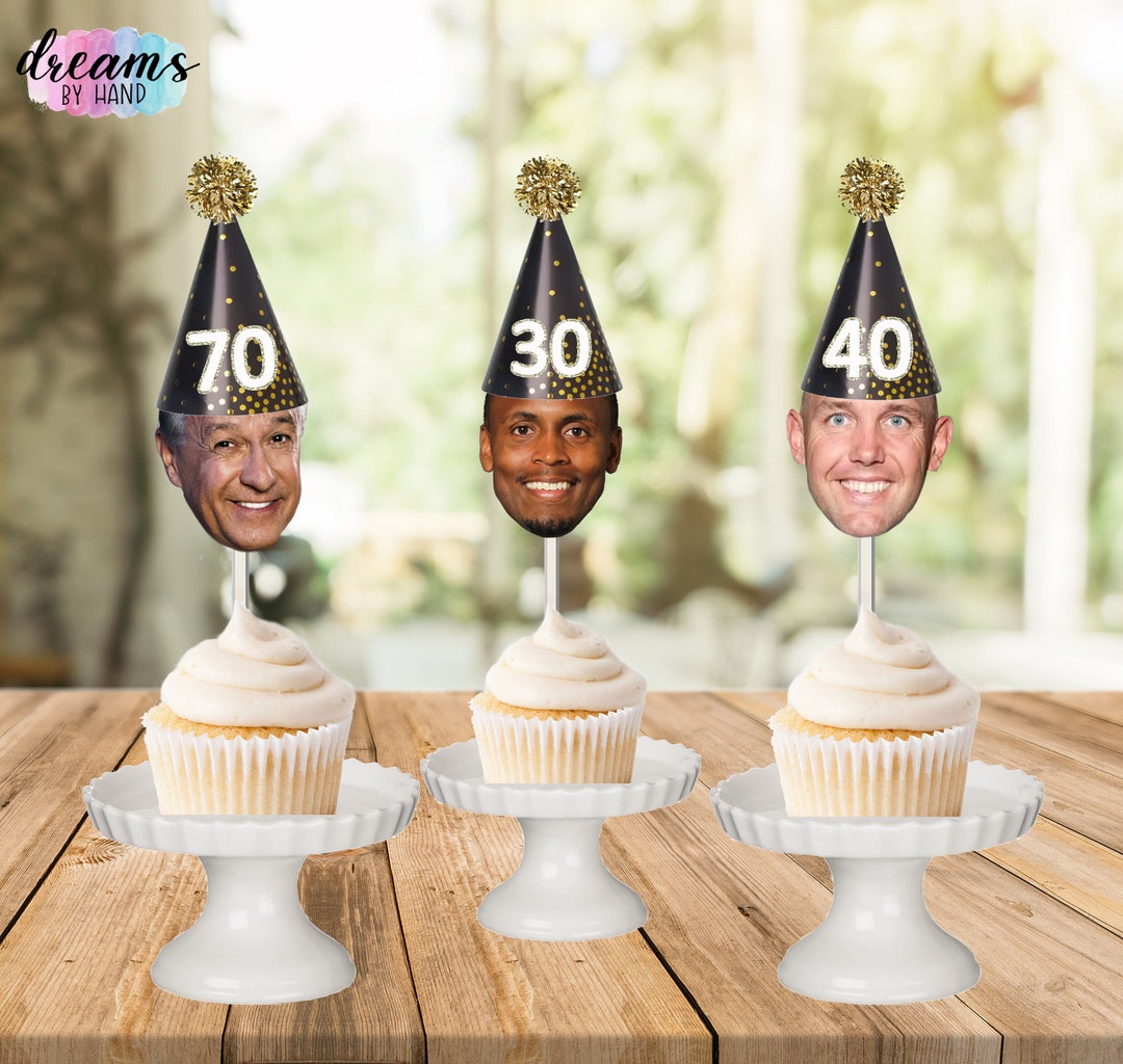 Milestone Face Cupcake Toppers, Birthday Hat Photo Cupcake Toppers ...